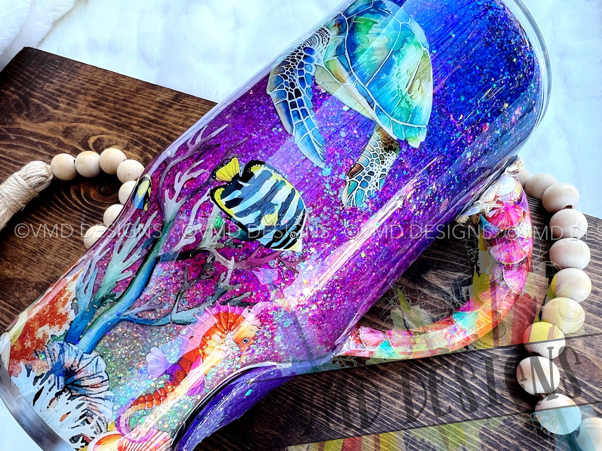 32oz Glittered Mermaid Tumbler with Mermaid Tail Handle – VMD Designs